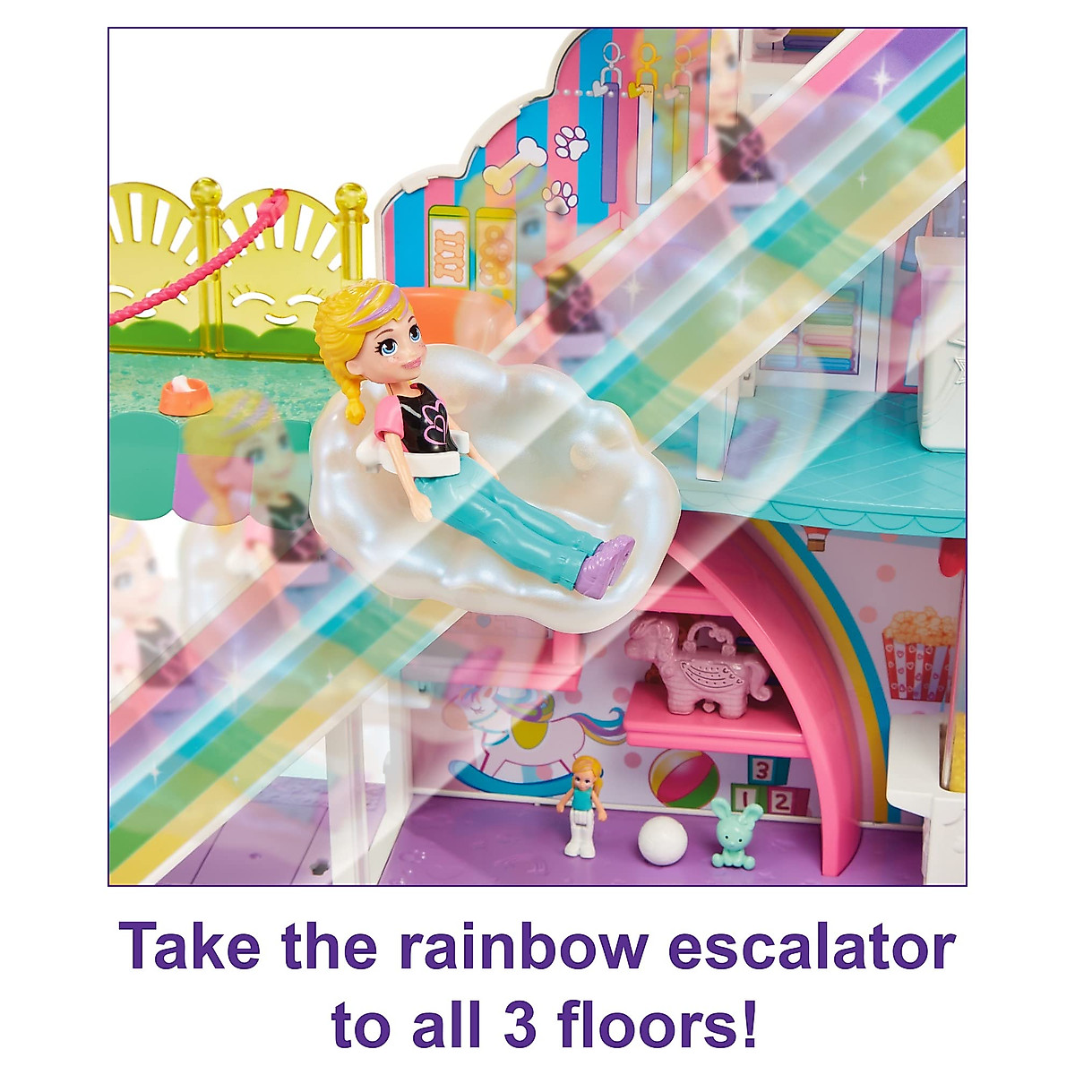 Polly Pocket Sweet Adventures Rainbow Mall, 3 Floors, 9 Play Areas, 35+ Accessories Including 3-inch Polly Doll, Great Gift Ages 4 Years Old & Up