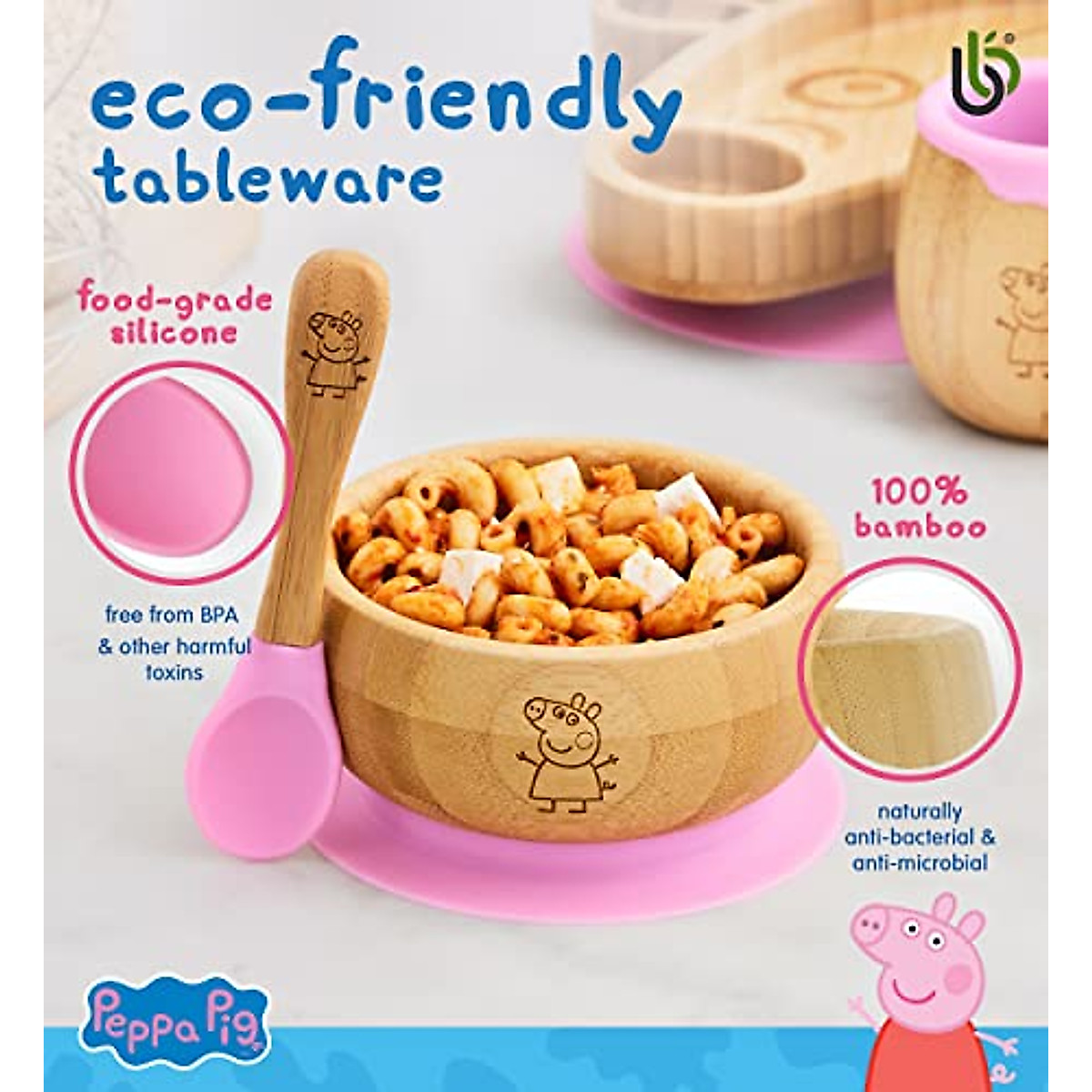 Peppa Pig Suction Bowl for Baby – Bamboo Baby Bowl and Spoon Set with Removable Silicone Suction Cup for Kids | 12oz | Non-Toxic | Cool to The Touch | Ideal for Baby-Led Weaning (Peppa Pig)