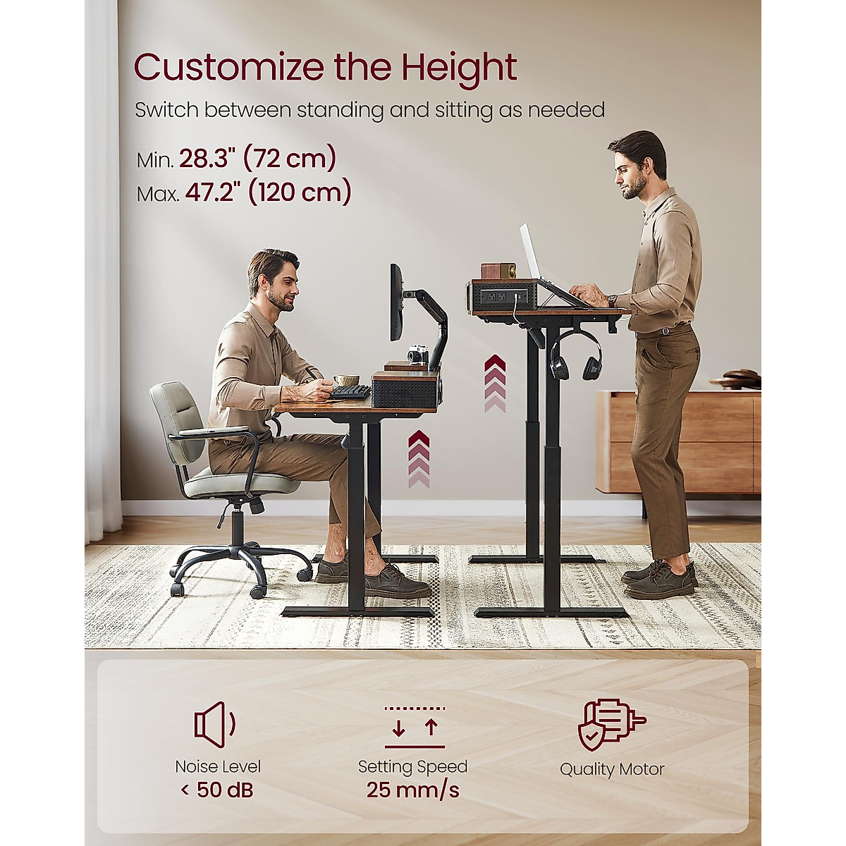 VASAGLE Electric Standing Desk with Drawers, Sit Stand Desk with Built-in Power Strip, Adjustable Height, 23.6 x 47.2 Inches, 2 Hooks, Memory Function, for Home Office, Rustic Brown ULSD182X21