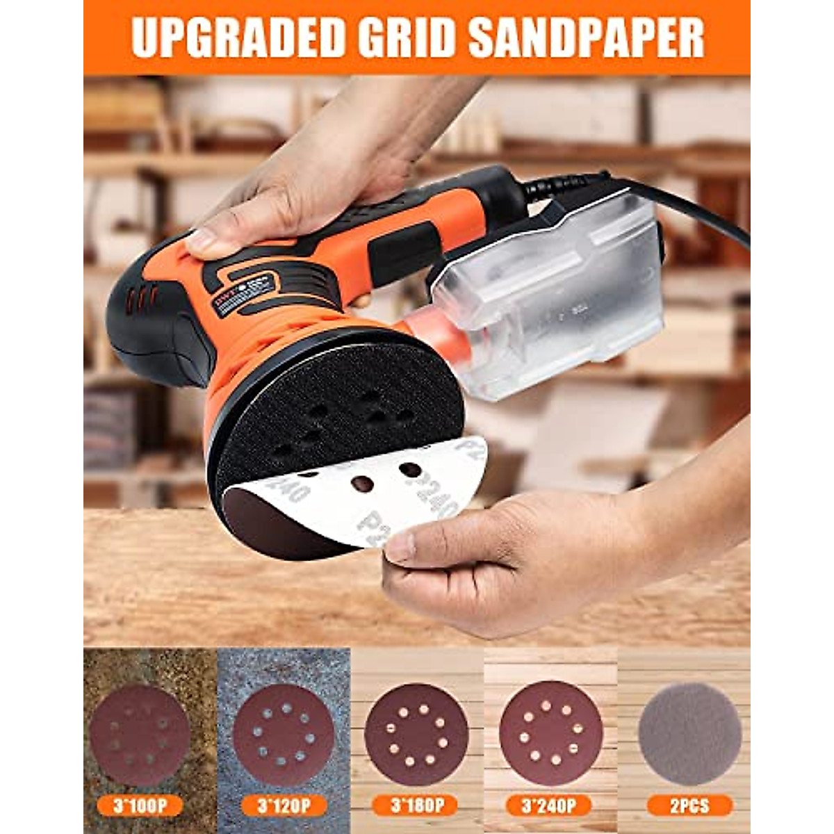 Random Orbital Sander, DWT 2.8A 350W Power Orbital Sander with 7 Variable Speed, 14Pcs Sanding Discs(2Pcs Upgrade Dust-free Sandpaper), Cyclone Box, 5-Inch Corded Electric Sander for Sanding Wood/Rust