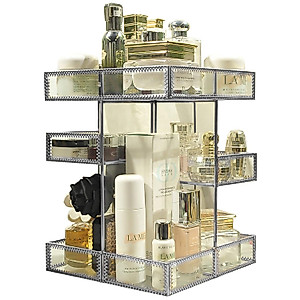 360 Degree Rotation Makeup Organizer Antique Countertop Cosmetic Storage Box Mirror Glass Beauty Display, Gold Spin Large Capacity Holder for Brushes Lipsticks Skincare Toner (silver)