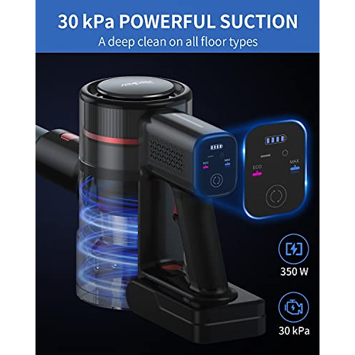 Redkey Cordless Vacuum Cleaner, 30Kpa Stick Vacuum, 350W Brushless Motor, Max 60mins Runtime, 8 in 1 Vacuum Cleaners with 2600mAh Detachable Battery, LED Display P9 for Pet Hair Carpet Hard Floor