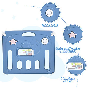 Costzon Foldable Baby Playpen, 16-Panel Baby Play Yards with Lock Door & Anti-Slip Rubber Bases, Indoor Outdoor Safety Baby Fence with Adjustable Shape for Children Toddlers (16 Panel, Blue + White)