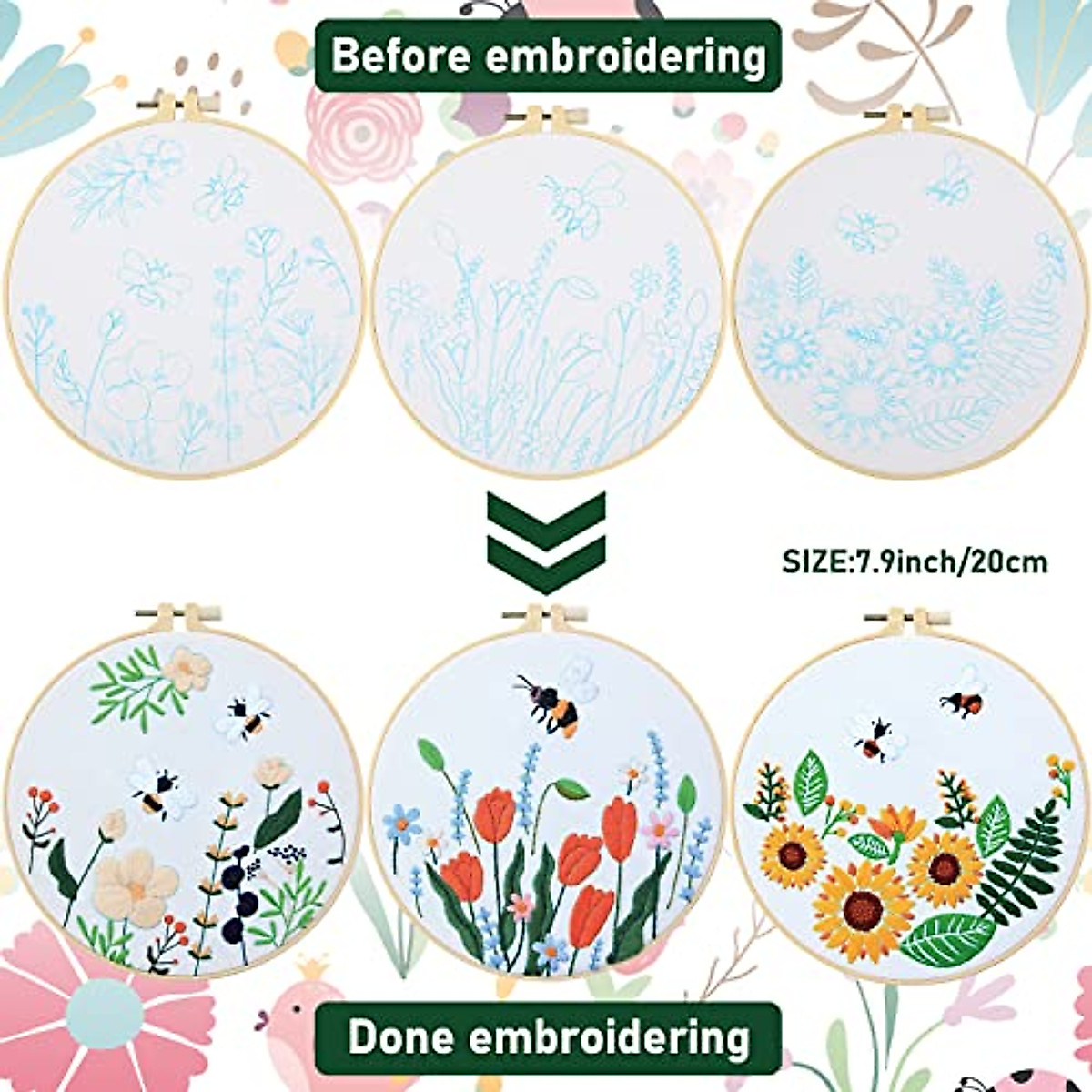5 Sets Embroidery Starter Kit with Patterns and Instructions Bee Flower Cross Stitch Set for Beginners DIY Adult Kids (as Pictures Shown)