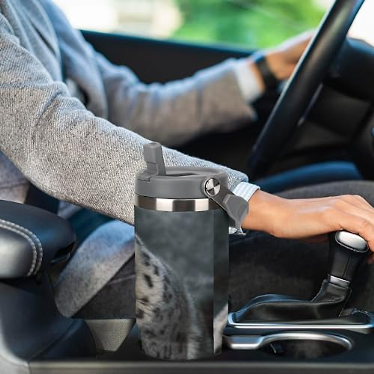 BWQJKUO Large Capacity Car Cup 30 Oz Stainless Steel Snow Leopard Printed Travel Mug Leak-proof Flip Straw Tumbler with Handle,keeps Cold Or Ho