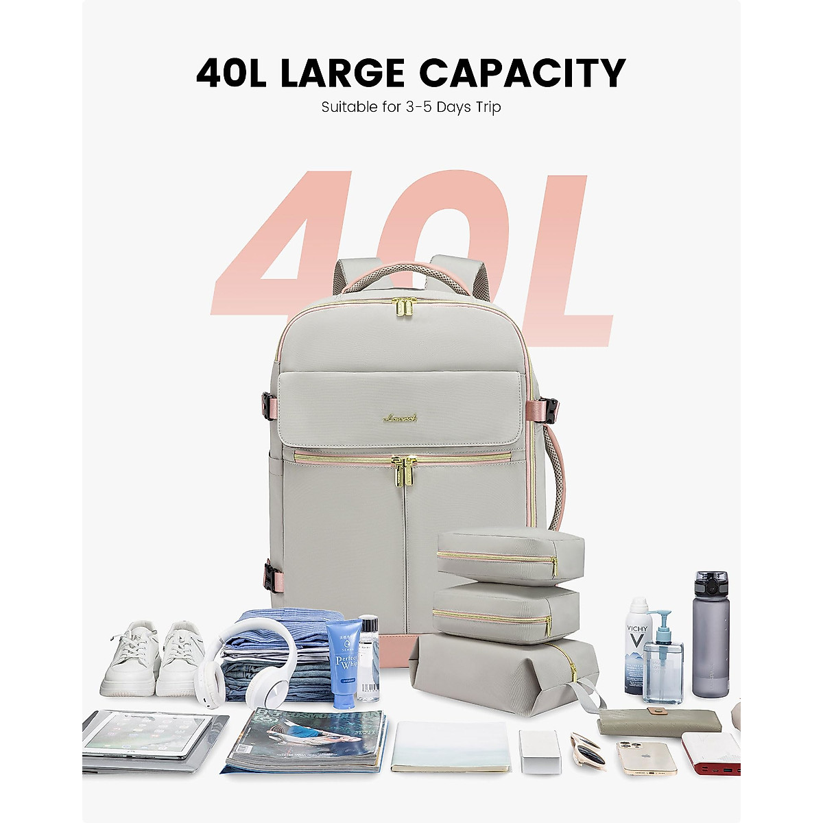 LOVEVOOK Carry On Backpack, 40L Travel Backpack Women with 3 Packing Cubes, TSA Airline Approved Suitcase Bag as Personal Item, Waterproof 17 inch Laptop Backpack for Weekender Overnight,Grey Pink