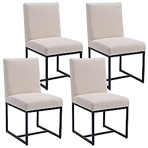 HNY Century Modern Dining Chairs Set of 4, Linen Fabric Kitchen & Dining Room Chair, Upholstered Dining Chair Side Chair with Black Finish Metal Frame, Cream 4 PC
