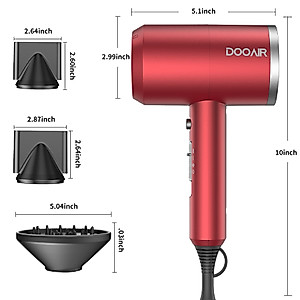 Ionic Hair Dryer, DOOAIR 1875W Blow Dryer with Diffuser and Concentrator, Professional Hair Dryer for Curly Hair, Negative Ion Technology, Constant Temperature Hair Care for Light and Quiet (Red)