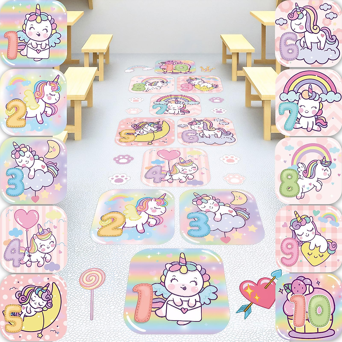 Large Unicorn Floor Decals, Indoor Hopscotch Number Game Stickers, Creative Unicorn Floor Stickers for Kid Girls Bedroom, Playroom, Classroom, Nursery, Daycare Floor & Wall Decor
