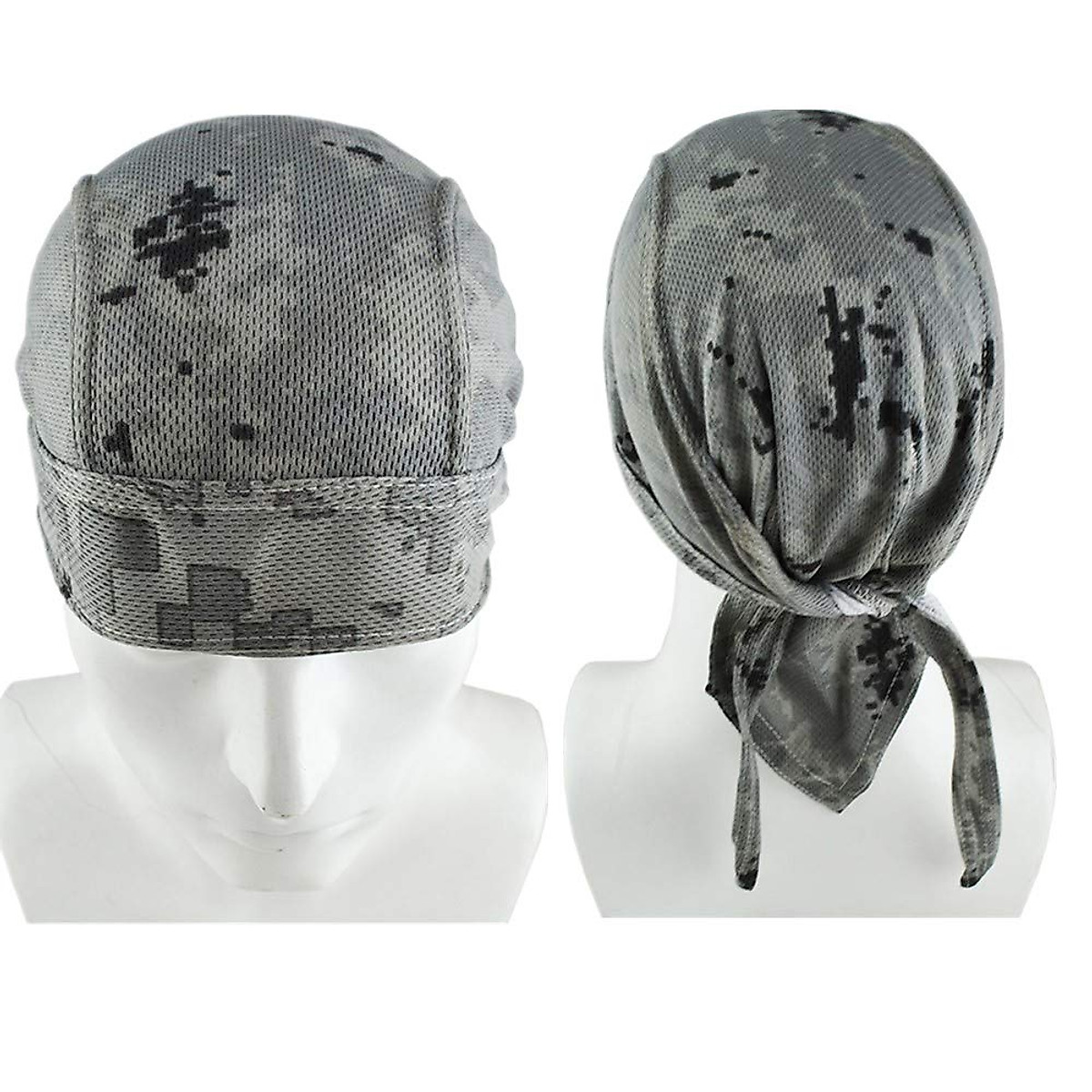 Gbateri 4 Pack Sweat Wicking Cycling Bandana Durag Dew Rags, Skull Cap Beanie Cooling Helmet Liner Pirate Hat Head Wrap for Motorcycling, Running, Hiking, Cooking & Outdoor Activities,Mesh-Camo