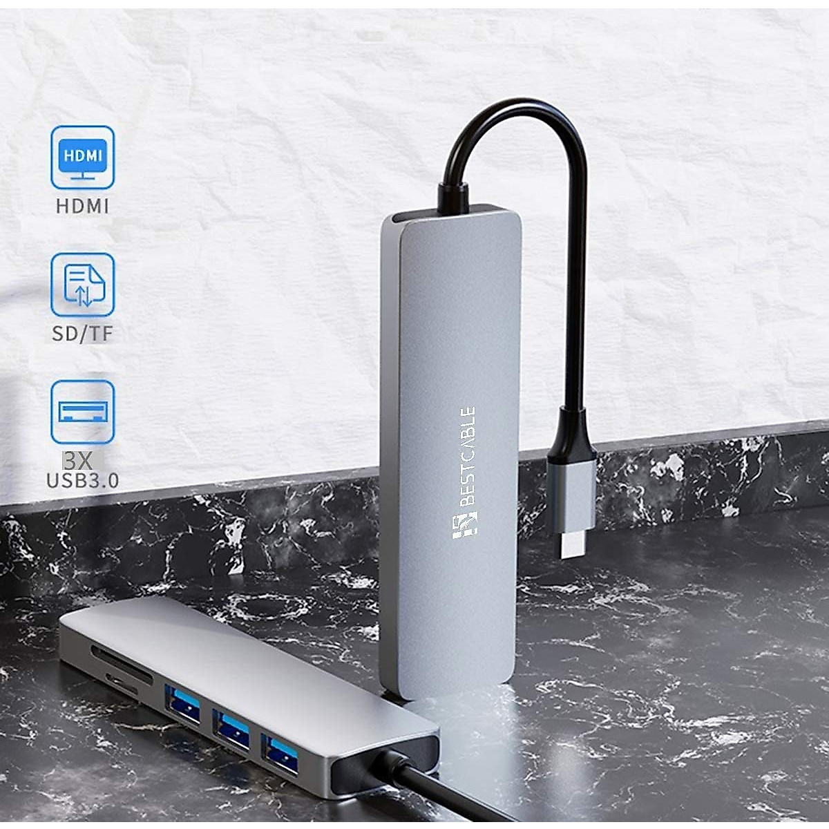 BEST CABLE USB C Hub Multiport Adapter - 6 in 1 Portable with 4K HDMI Output, 3 USB 3.0 Ports, SD/TF Card Reader, Compatible with MacBook, XPS More USB C Devices