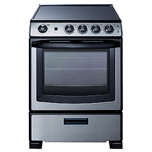Summit Appliance REXH24RSS 24" Wide Electric Range and Convertible Hood Set, Push-to-turn Knobs, 4 Cooking Zones, Stainless Steel Hood, Adjustable Racks, Smooth Ceramic Glass Top, Boiler Tray