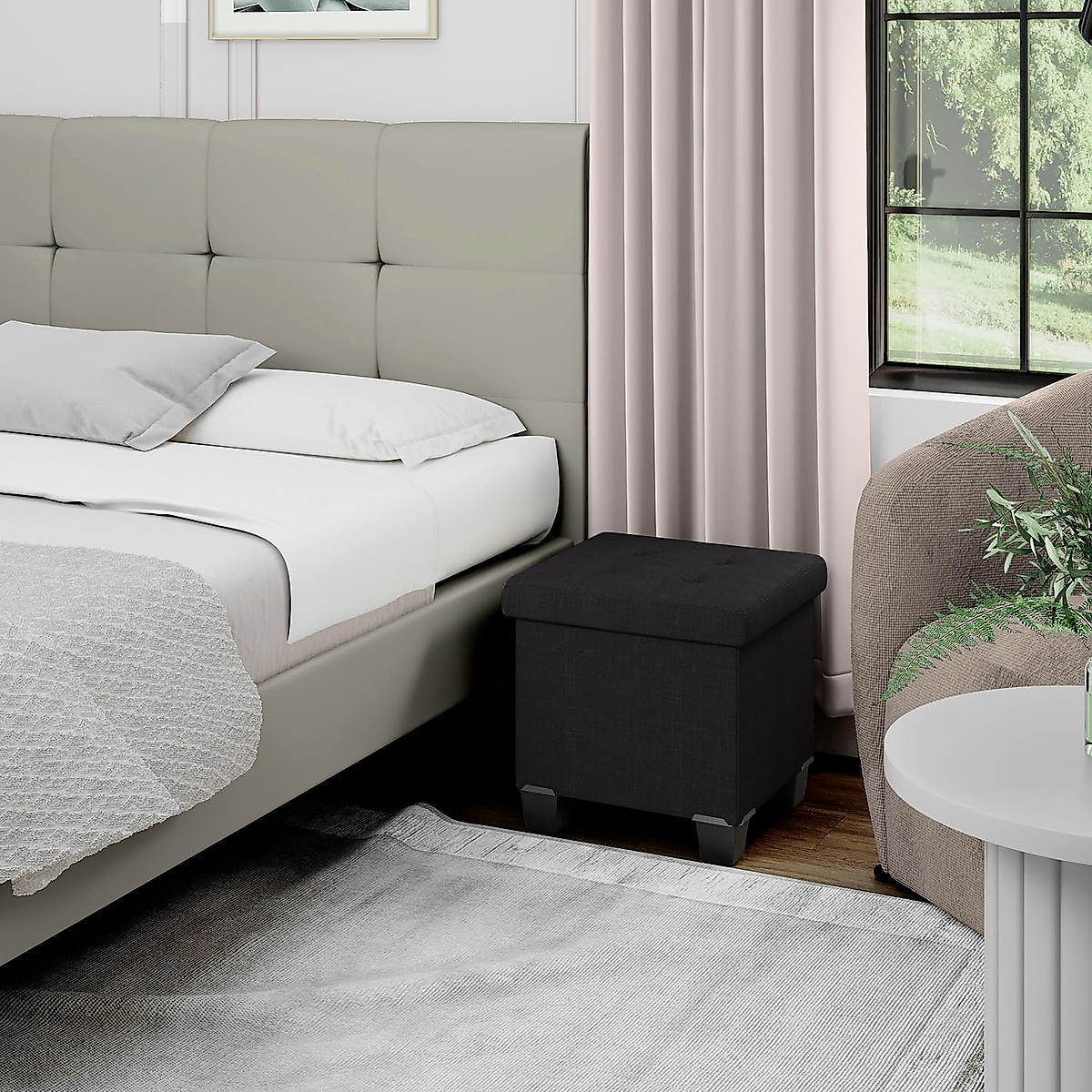 Storage Ottoman Cube with Storage Bin, 15-In Square Ottoman with Storage for Living Room and Bedroom, Small Ottoman Foot Rest, Foot Stools Ottoman, Storage Chest Max 330lbs, Linen Fabric Black Ottoman