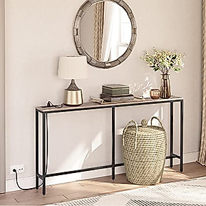 ALLOSWELL Console Table with Power Outlet, 63" Narrow Sofa Table and Bar Stools Set, Rectangular Industrial Bar Chairs, CTHG16E01-BAHG0101