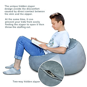 Bean Bag Chair Cover, Stuffed Animal Storage, Plush Toys Organizer Holder, Beanbag Chairs Cover for Kids Teans and Adults Super Soft and Comfortable Fabric X-Large with Handle and Zipper -Round Grey