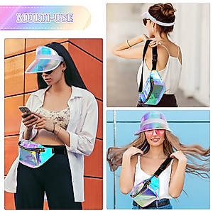 10 Pack Sun Visor Hats Women Colored Beach Golf Cap and Holographic Zipper Fanny Packs PVC Clear Waist Bag for Outdoor Sports Festivals Party Concerts