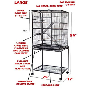 54" Large Wrought Iron 4-Level Tight 1/2-inch Wire Spacing Ferret Chinchilla Sugar Glider Rats Mices Rabbit Squirrel Hamster Cage with Removable Stand (25" L x 17" W x 54" H, Black Vein)