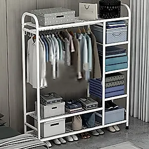 ZBYL Metal Clothing Wardrobe Garment Rack, Freestanding Clothes Rail Closet Rack Double Rod Laundry Hanging Rack, Portable Organizer with Bottom Rack, 105×150cm (Color : White)