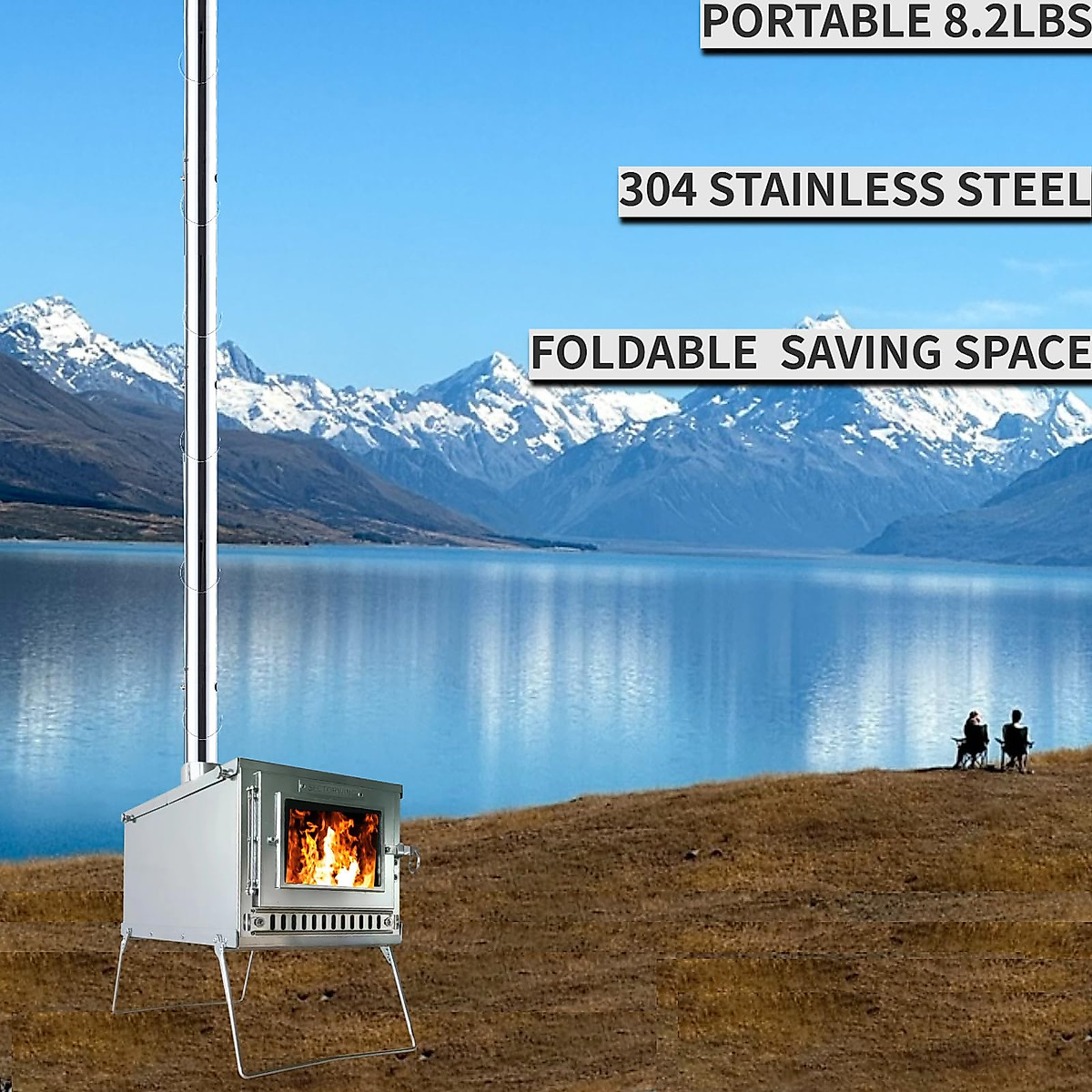 DANCHEL OUTDOOR sectorwing IS7 Portable Wood Stove for Tent Camping, Folding Tent Stove with 7.2ft Chimney Wood Burning 304 Stainless Steel, 2.76''Dia.