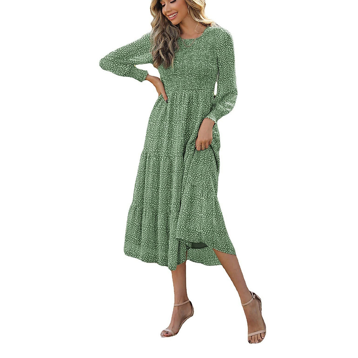 kimralur Womens Casual Long Sleeve Midi Fall Dress Crew Neck Boho Floral Print Smocked Ruffle Tiered Flowy Long Dress