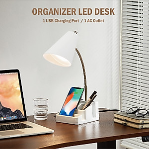 THOVAS LED Desk Lamp with 1 USB Charging Port and 1 AC Outlet, Organizer Base, Adjustable Neck, On/Off Switch, Modern Table Lamp for Reading, Working, Studying, Gentle Warm White Light, Eye Protect