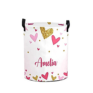 Valentines Hearts Pink Personalized Laundry Basket Clothes Hamper with Handles Waterproof ,Collapsible Laundry Storage Baskets for Bathroom,Bedroom Decorative 19.7"Hx14.2"D