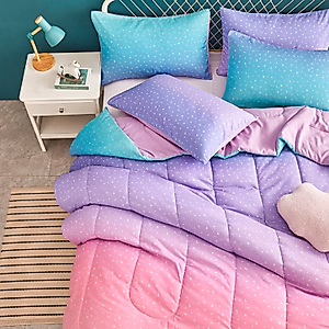 Yogeneg Rainbow Comforter Set Twin Size for Teen Girl &Boys Women,Metallic Star Moon Printed Mermaid Comforter with Pillowcase, Microfiber 2 Piece Bedding Set,All Season (Rainbow B, Twin)