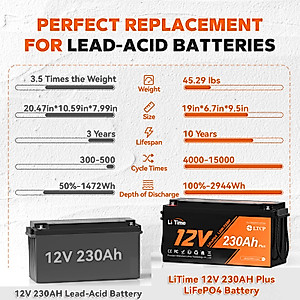 LiTime 12V 230Ah Plus Low-Temp Protection LiFePO4 Battery Built-in 200A BMS, Max 2944Wh Energy, Lithium Iron Phosphate Battery Perfect for Trolling Motors, Yacht, Marine, Boat, RV, Home Energy