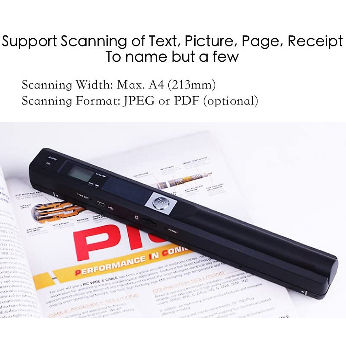 Portable Scanner, Handheld Photo Scanner, A4 Document Scanner for Picture Text Receipt Page in 300/600/900Dpi JPG PDF Format Hand Scanner Support USB Transfer Micro SD Card, No Driver