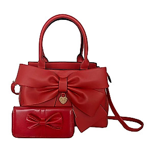 Rullar Women 2Pcs Handbag Set Bow-Knot Satchel Top-handle Crossbody Bag Tote Wallet Purse with Heart Pendant Red
