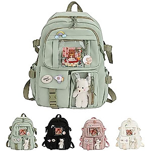 LELEBEAR Kawaii Backpack with Kawaii Pin And Accessories, Cute Preppy Aesthetic Sage Green Backpack for Girls (Sage Green)