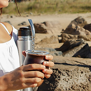 thebmate [Camionero Mate Premium Set Yerba Mate Cup - Crafted Ceramic Teacup - Leather Wrapped Handmade in Uruguay - Set Mate Camionero, German Silver Bombilla Straw, Cleaning Brush (Dark Brown)