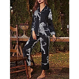 Brosloth Women's Silk Satin Pajamas Pjs Sets Cute Tiger Pattern Two Piece Loungewear Set Button Up Pajamas Sleepwear Black M