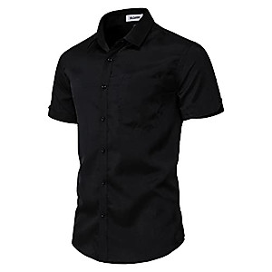 DELCARINO Men's Short Sleeve Button Up Linen Shirts Summer Casual Pocket Beach Shirts Black Small