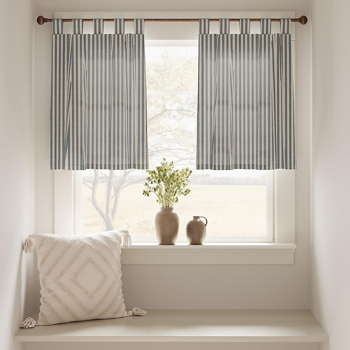 jinchan Kitchen Curtains Linen Striped Tier Curtains 24 Inch Length Ticking Stripe Cafe Curtains Pinstripe Farmhouse Small Window Curtains Tab Top for Living Room Bathroom RV 2 Panels Blue on Beige