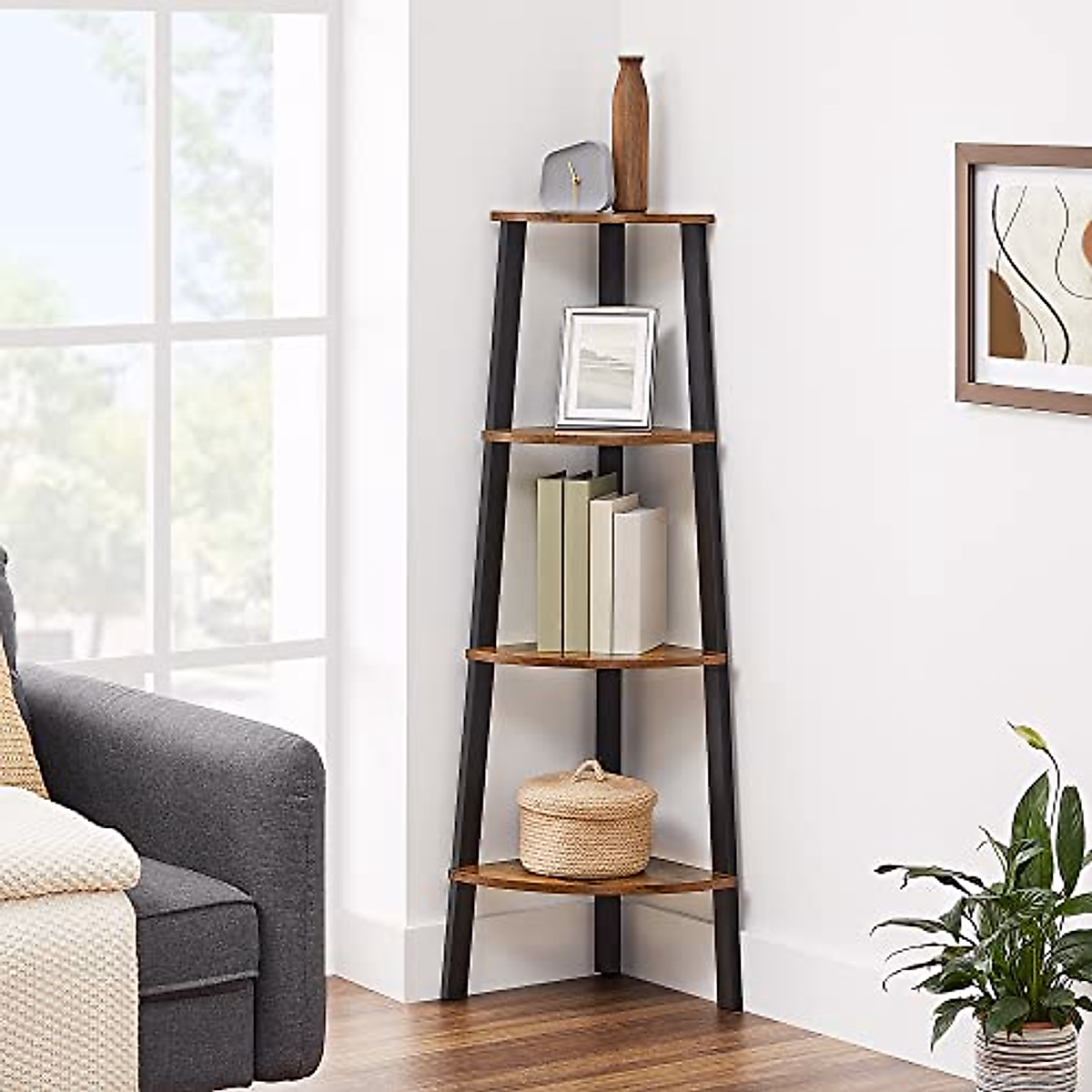 VASAGLE Corner Shelf Stand, 4-Tier Corner Bookshelf, Industrial Corner Ladder Shelf, Plant Stand Display Shelf for Living Room, Office, Kitchen, Rustic Brown and Black ULLS34X