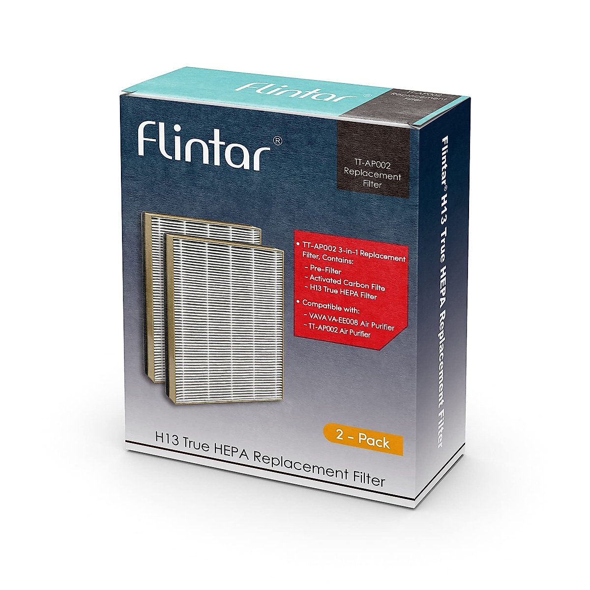 Flintar True HEPA Replacement Filter, Compatible with TaoTronics TT-AP002 Air Purifier and VAVA VA-EE008 Air Purifier, 3-in-1 Premium H13 Grade True HEPA Filter, 2-Pack (2)
