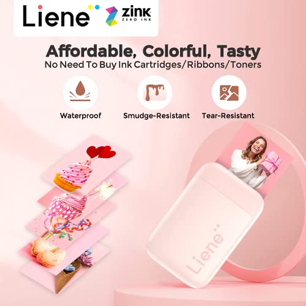 Liene Photo Printer, 2x3 Mini Instant Portable Instant Printer w/ 50 Zink Adhesive Paper, Bluetooth 5.0, Compatible w/iOS & Android, Small Photo Printer for iPhone, Smartphones, Pink