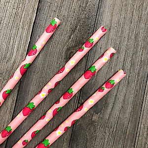Strawberry Pattern Paper Straws - Valentine - Pink Red Green - 7.75 Inches - 100 Pack