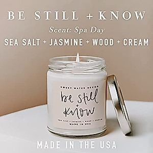 Sweet Water Decor, Be Still and Know, Sea Salt, Jasmine, Cream, and Wood Scented Soy Wax Candle for Home | 9oz Clear Jar, 40 Hour Burn Time, Made in the USA