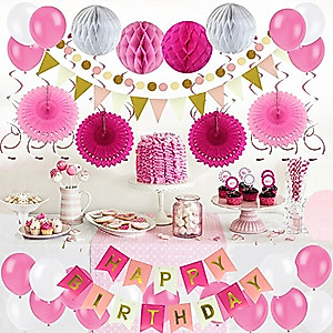 ZERODECO Birthday Party Decoration, Happy Birthday Banner with Paper Fans, Honeycomb Balls, Triangular Pennants, Circle Paper Garland, Hanging Swirls and Balloons - Pink, Rose Red and White