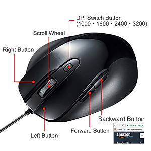 SANWA (Japan Brand) Wired Vertical Ergonomic Mouse, Silent Blue LED Optical Computer Mice, (1000/1600/2400/3200 DPI, 6 Buttons) Compatible with MacBook, Laptop, Windows Android Mac OS