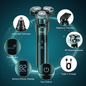PRASKY Electric Razor for Men, 3-in-1 Face Shaver, Rotary LED Display, Rechargeable, Floating Head, Replaceable Blades, Portable Travel Beard Trimmer, Hair Clippers Kit - Green