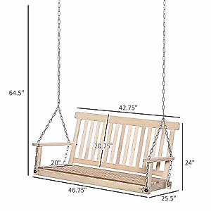 Outsunny 2-Seater Hanging Porch Swing Outdoor Patio Swing Chair Seat with Slatted Build and Chains, 440lbs Weight Capacity, Natural