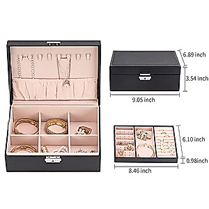 Smileshe Jewelry Box for Women Girls, PU Leather Organizer Holder Boxes with Lock, 2 Layers Removable Display Storage Travel Case for Rings Earrings Necklaces Bracelets