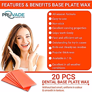 Pruvade Base Plate Wax | 20 Pack | Red Utility Bite Wax, Baseplate Wax - All Season Denture Casting Wax Sheets, Orthodontic Dental Wax, for Modelling | Filling | Lab Equipment - 1 Lb (20 Sheets)