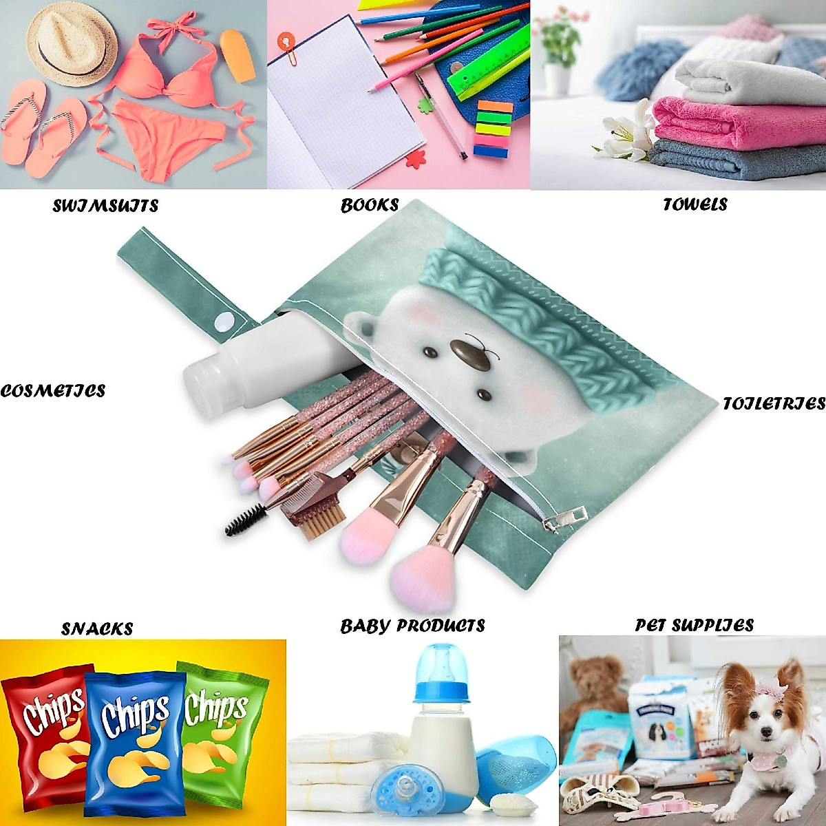 visesunny Bear with Two Bird Animal 2Pcs Wet Bag with Zippered Pockets Washable Reusable Roomy for Travel,Beach,Pool,Daycare,Stroller,Diapers,Dirty Gym Clothes, Wet Swimsuits, Toiletries