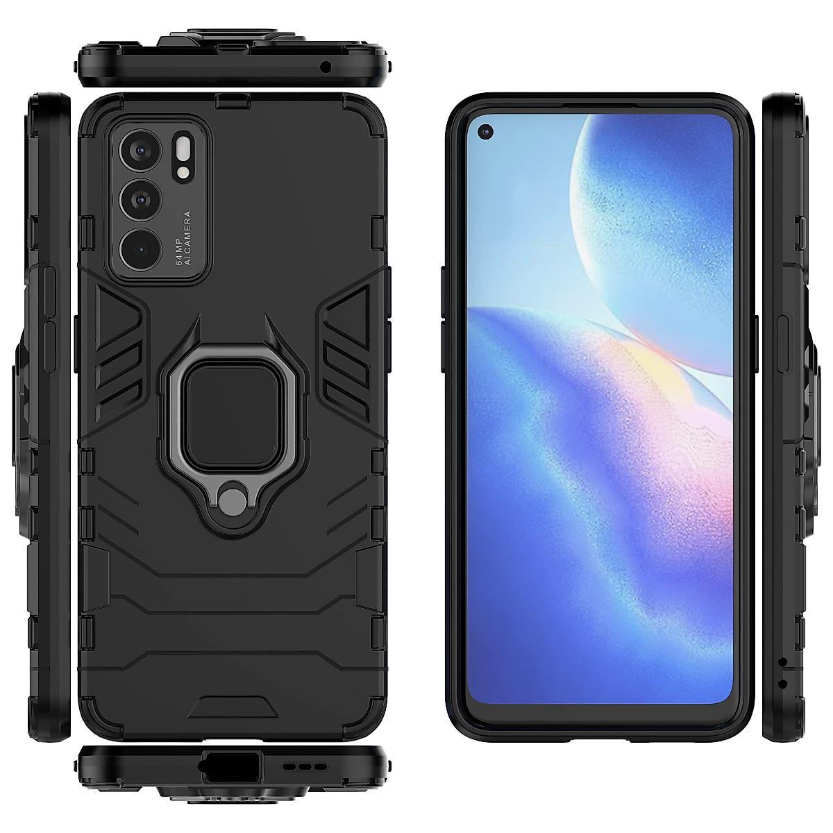 ZMONE Phone Case for Oppo Reno 6 5G Case with Glass Screen Protector [2 Pack] Heavy Duty Dual Layer Military Grade Shockproof Protective Cover with Magnetic Ring Kickstand - Black