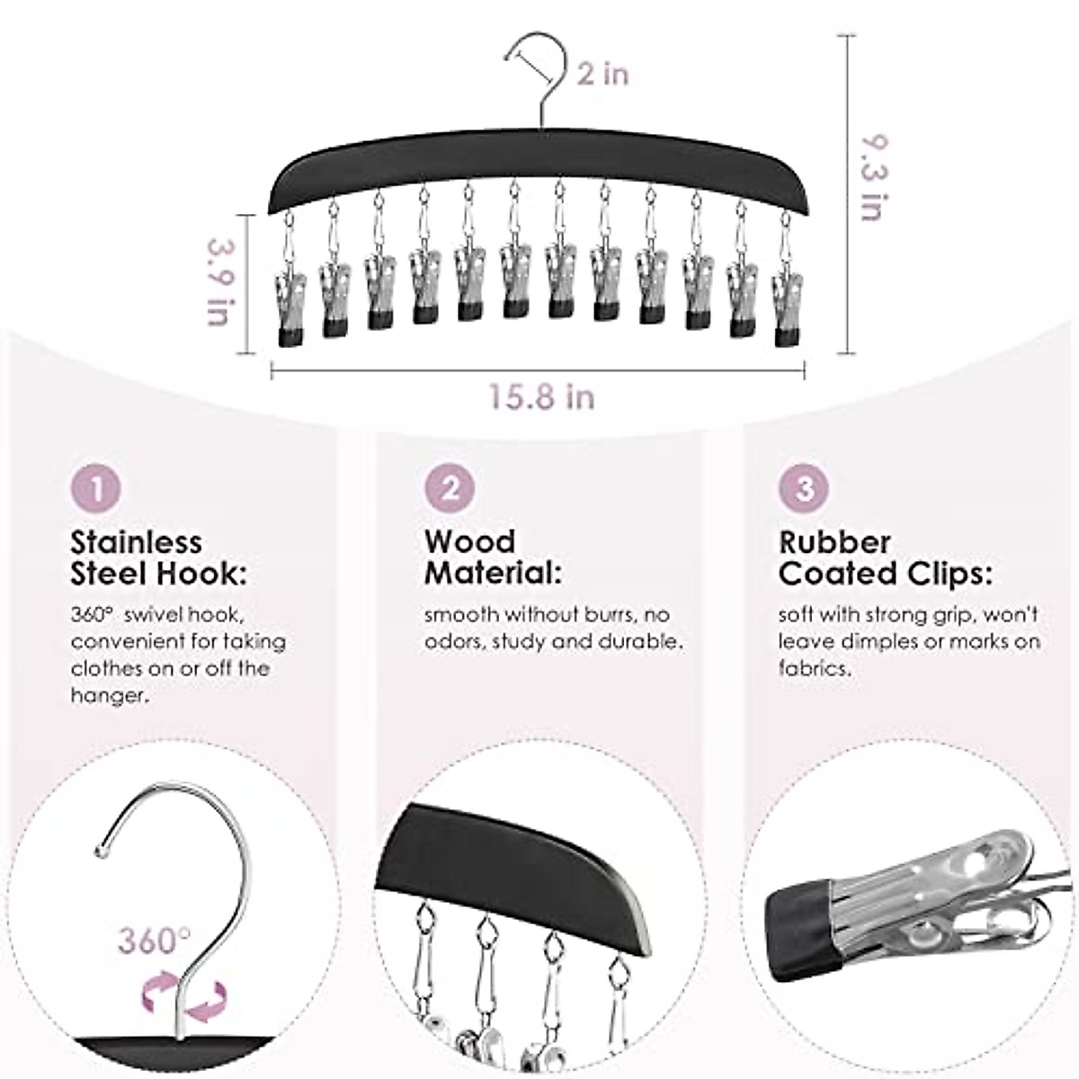 Leggings Hanger Organizer, MEILIDY 2 Packs Closet Wooden Leggings Hangers with 24 Clips Space Saving Pants Clip Hangers with 360° Swivel Hook for Shorts Skirts Scarves Hats Tanks - Black