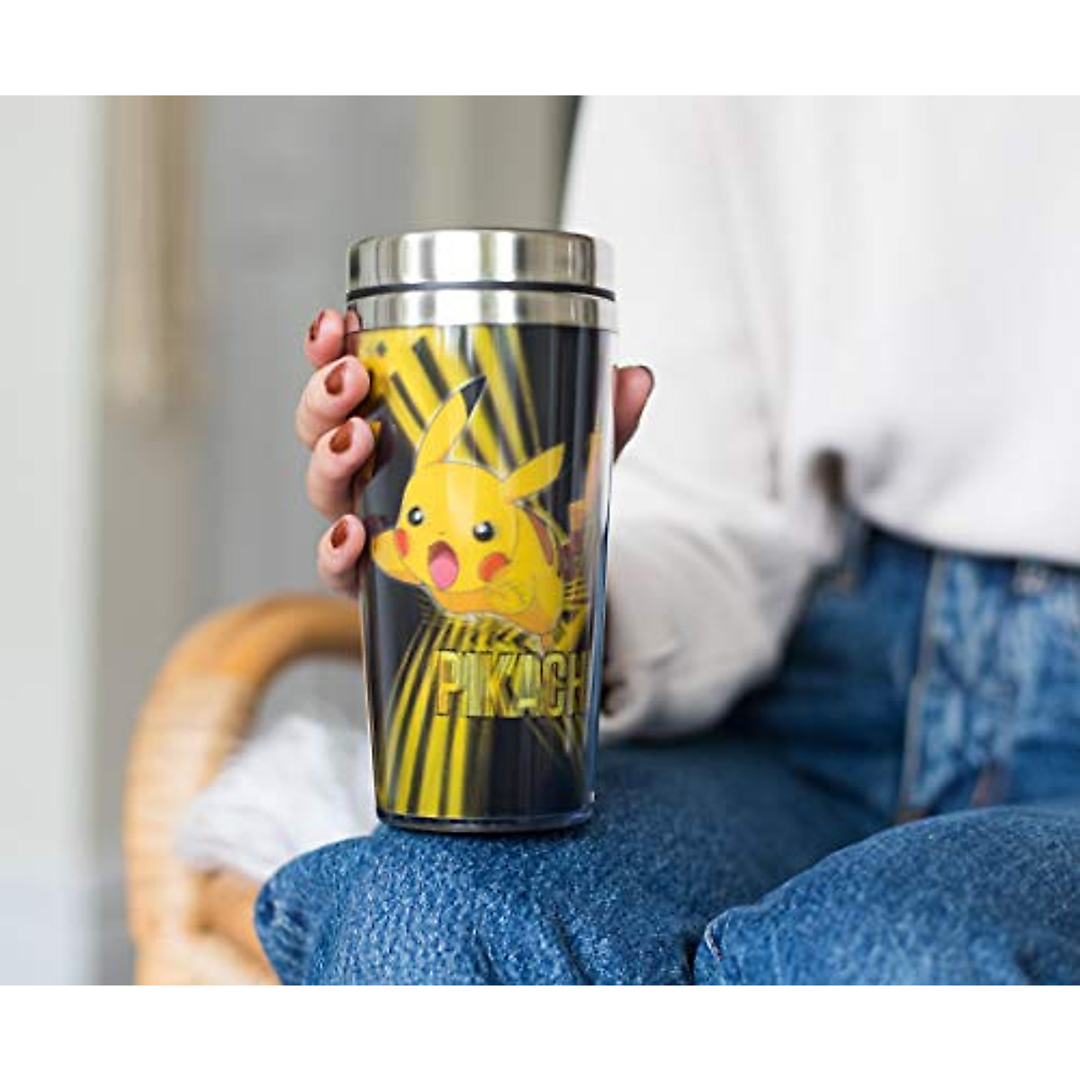Pokemon Lenticular Pikachu 16oz Insulated Travel Coffee Tumbler Mug With Non-Spill & Leak Proof Metal Lid for Ice Drinks & Hot Beverages - Best for Indoor Home & Office Use or Outdoor Hiking & Camping